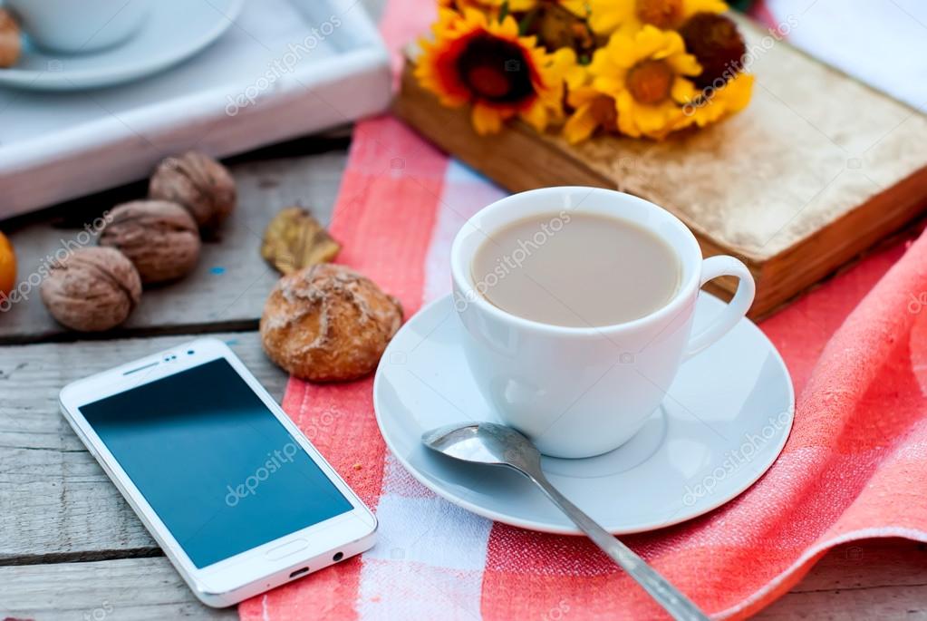 Breakfast autumn afternoon tea, nuts, apples and plums Stock Photo by ...