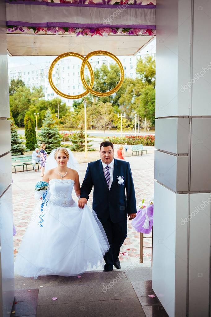 Wedding ceremony. Registry office. A newly-married couple signs the ...