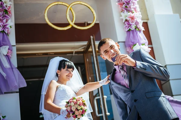 Wedding ceremony. Registry office. A newly-married couple signs the ...
