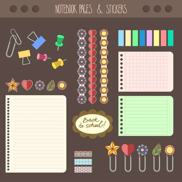 Set of pages notebook with stickers, colored tape, staples. Template ...