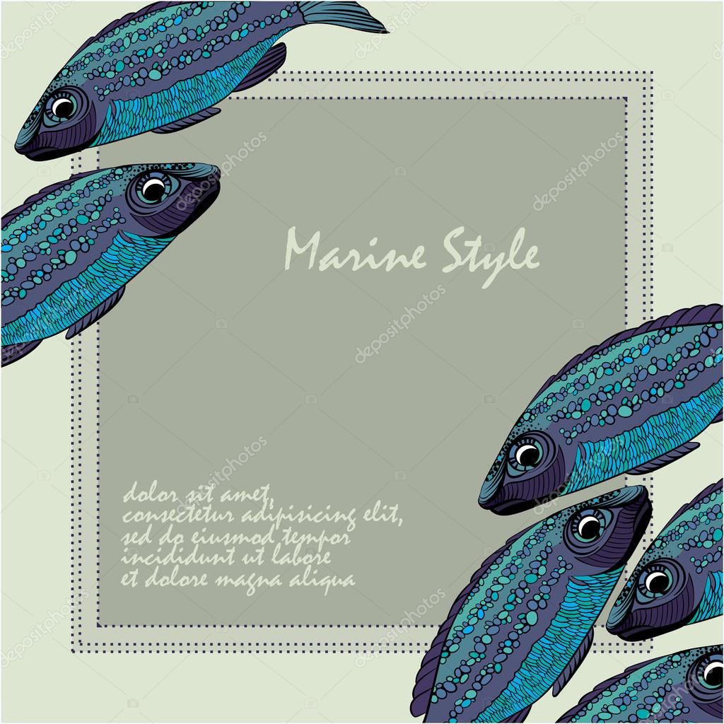 Background with fishes.Seafood restaurant menu. School of fish. Fishing ...