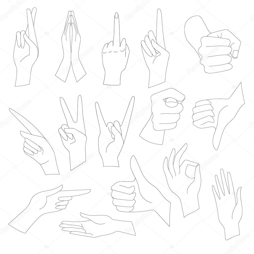 Linear Illustrations Set of universal gestures of hands. Hands in different interpretations ...