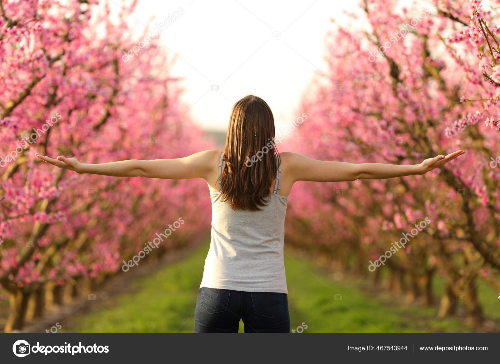 Back View Portrait Young Lady Stretching Arms Celebrating Spring Pink ...