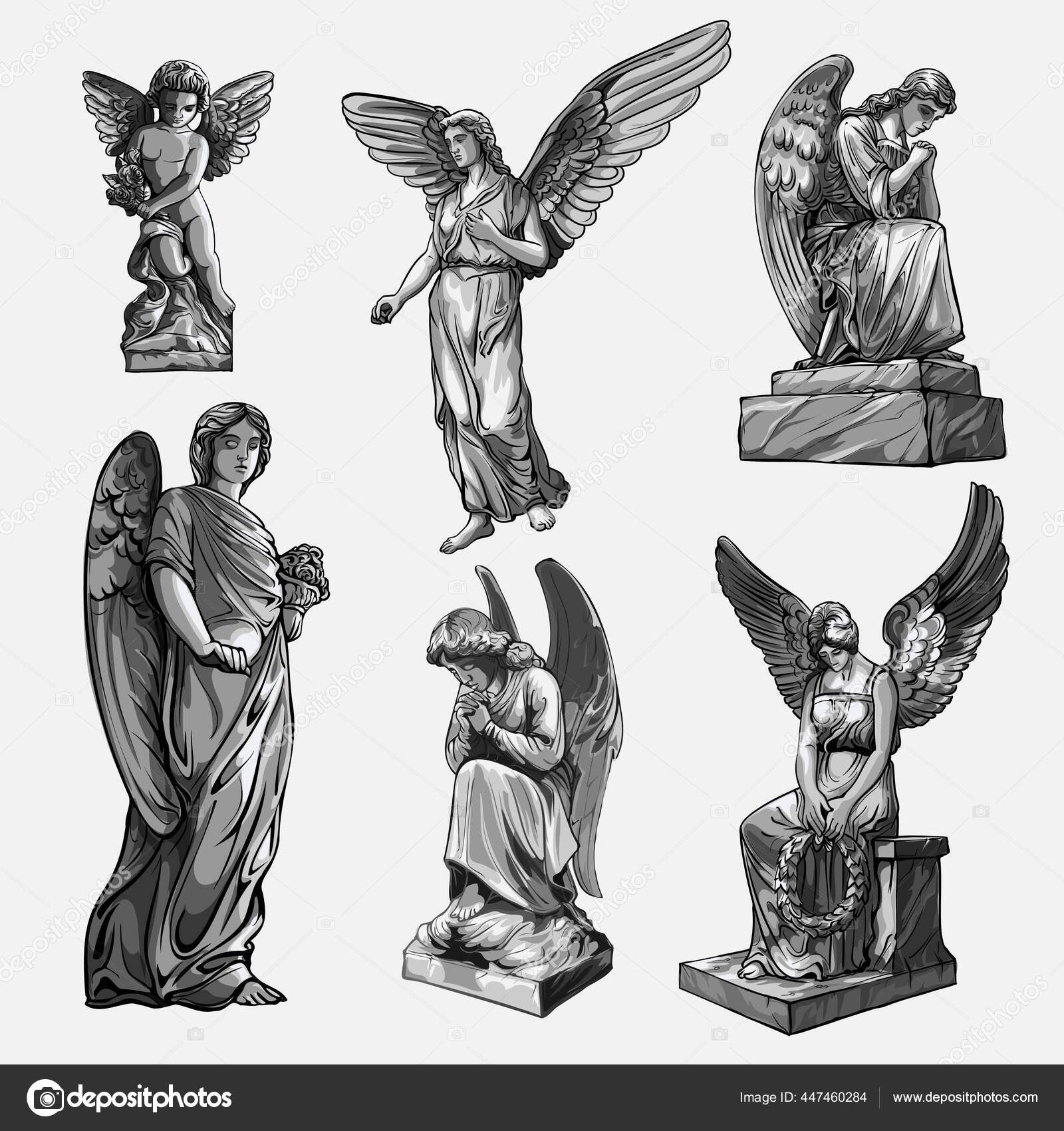 Set off Crying praying Angels sculptures with wings. Monochrome ...