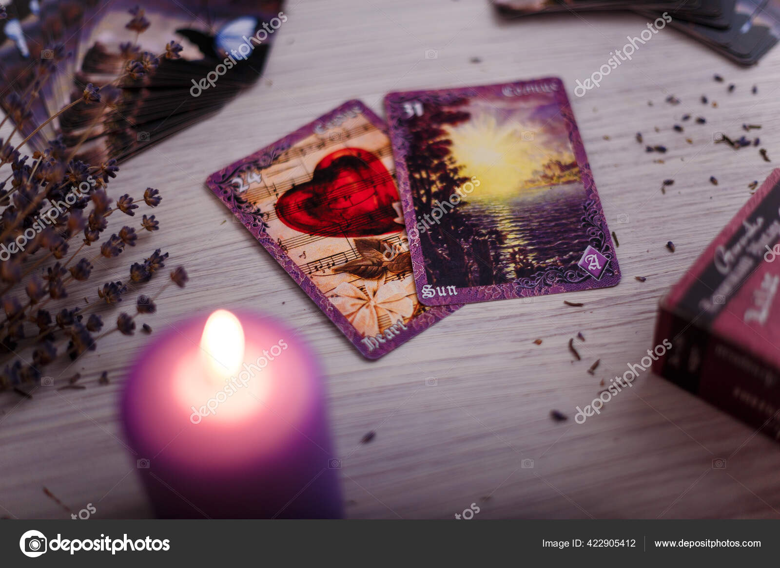 Divination Cards Alignment Purple Burning Candle Dry Lavender Mystery ...