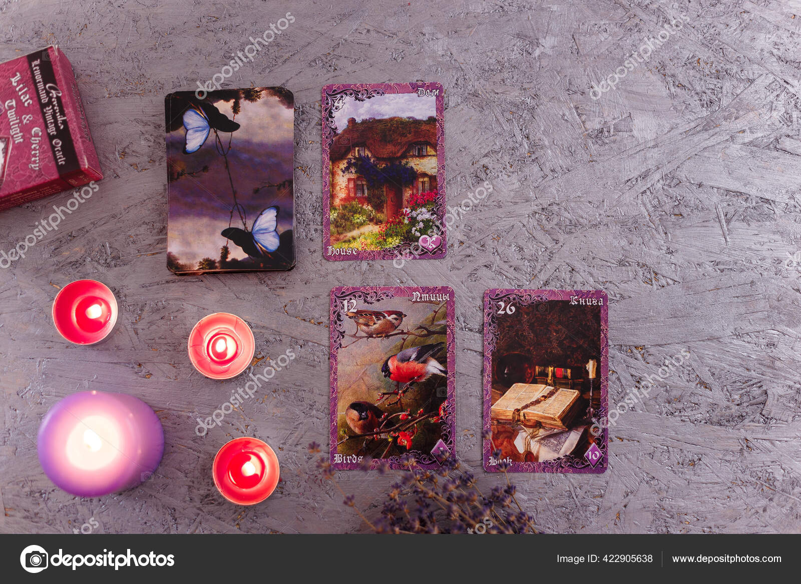 Divination Cards Alignment Purple Burning Candle Dry Lavender Mystery ...