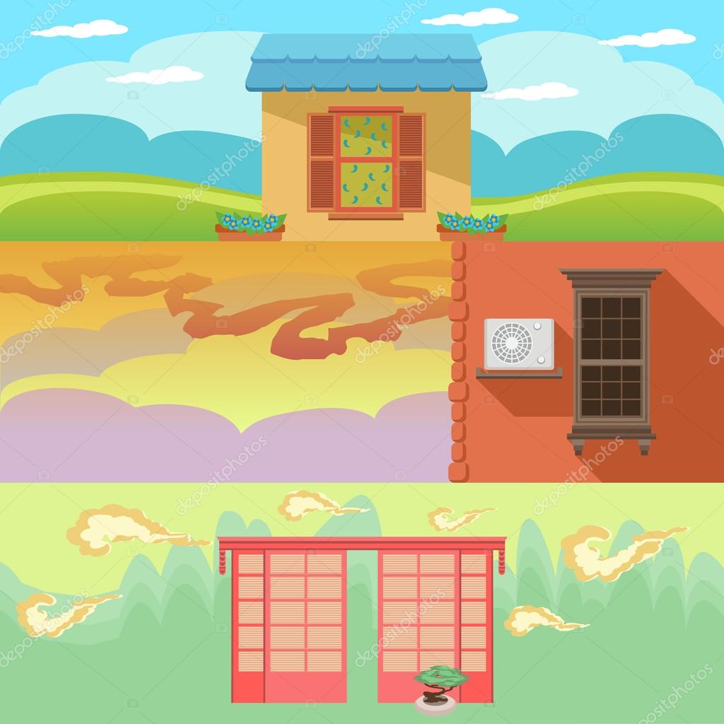 Cartoon landscape with houses, windows, clouds and sky Stock Vector ...