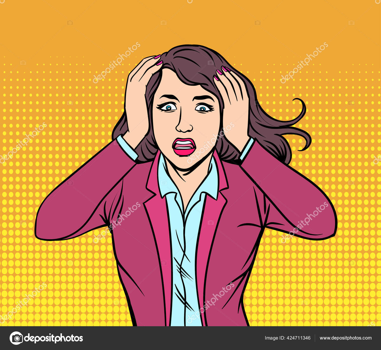 Woman Panicked Frightened Shocked Pop Art Retro Hand Drawn Style Stock ...