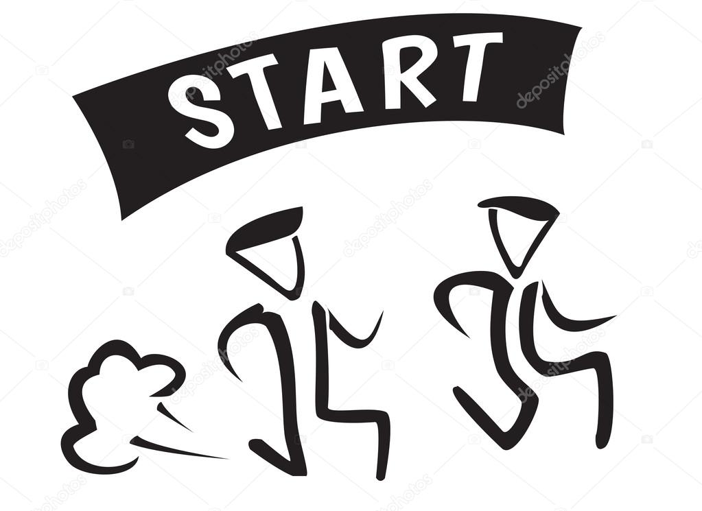 Vector simple stick figures running a race with start sign — Stock ...