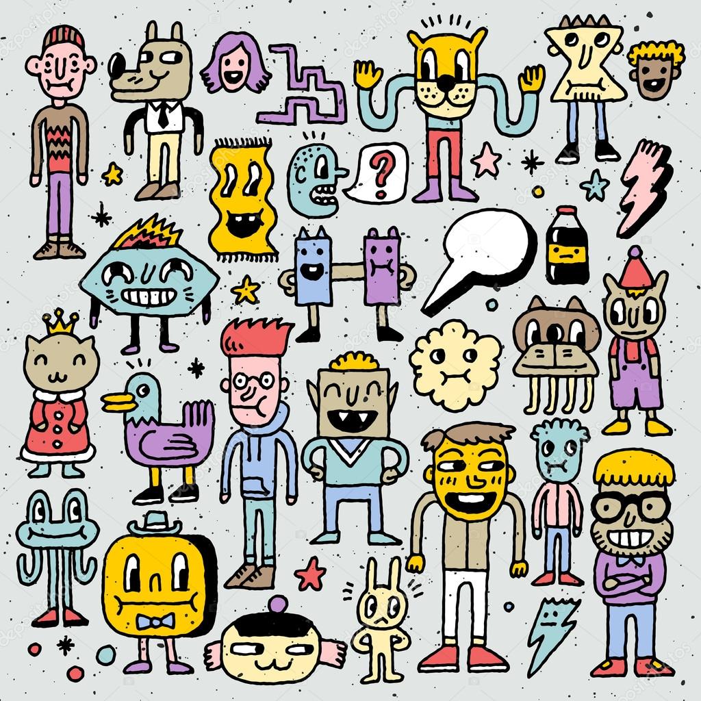 Dibujos animados loco doodle colorido conjunto . 2023