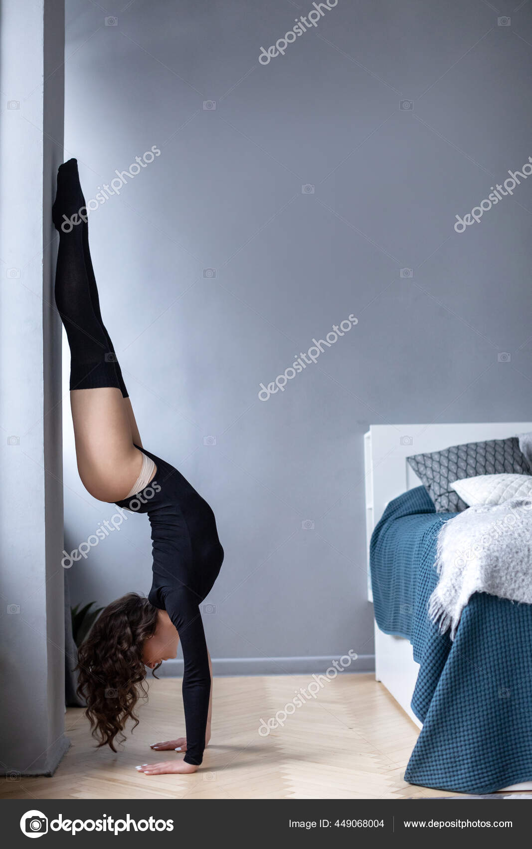 Woman Doing Handstand Pose Wall Home Sports Domestic Life Stock Photo ...