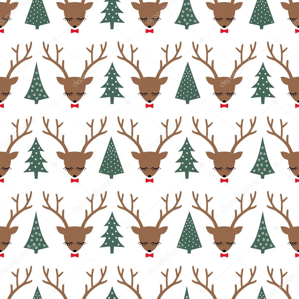 Cute sleeping deers with bows and Xmas Trees seamless pattern on white ...