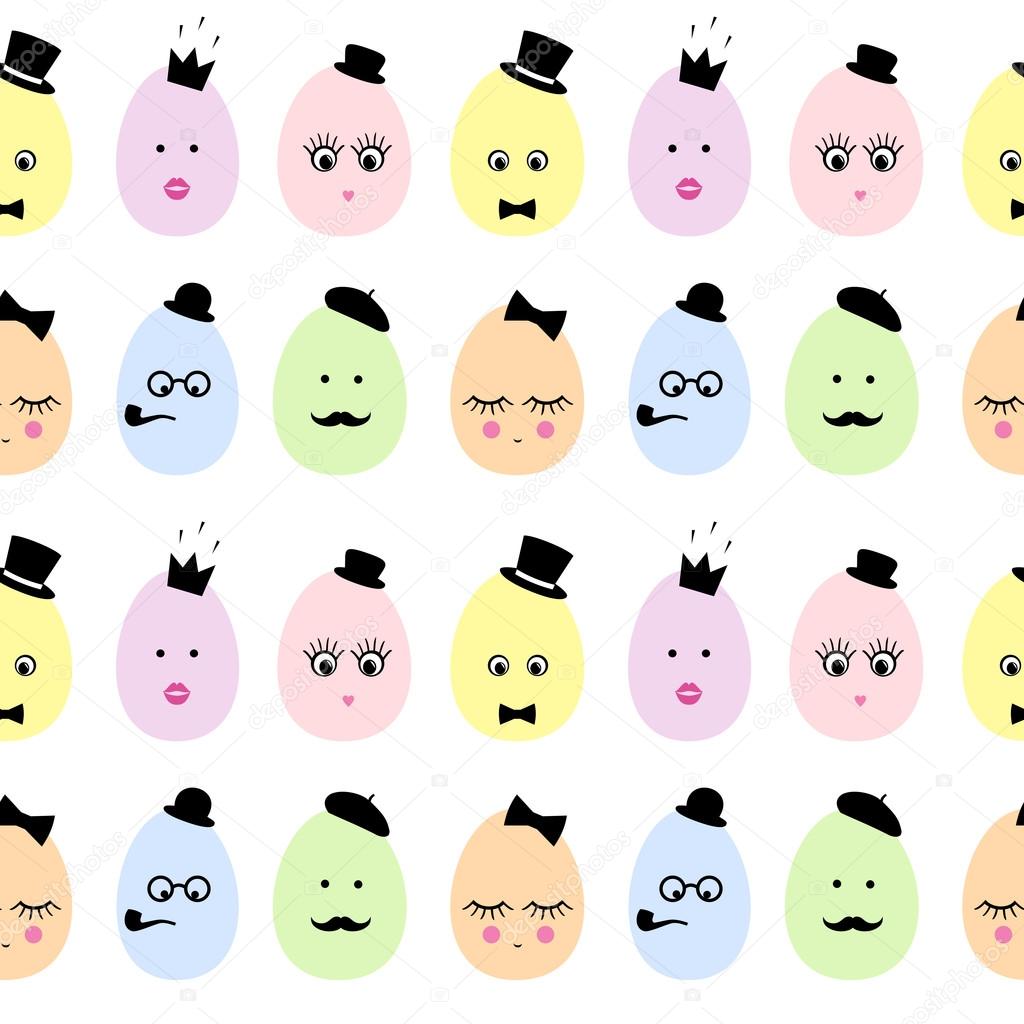 Easter eggs with cute faces, fashion glasses, mustache, bow-tie, hat ...