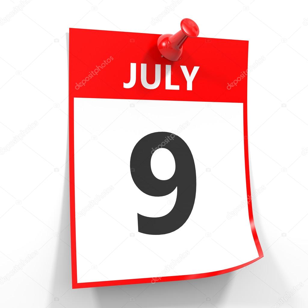 9 july calendar sheet with red pin. Stock Photo by ©iCreative3D 89668642