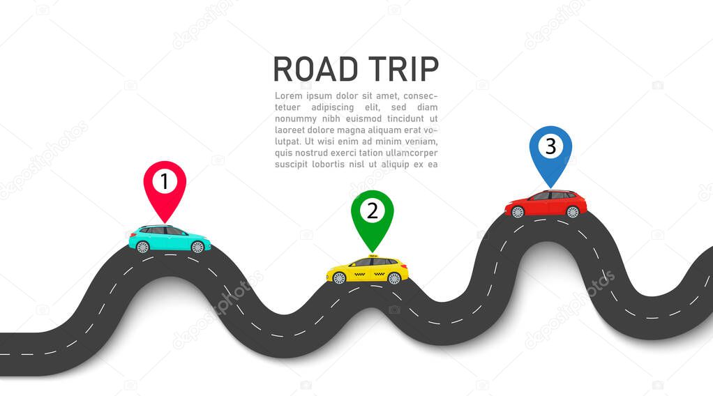 Viaje por carretera. Mapa con ubicación de coche y pin. Hoja de ruta ...
