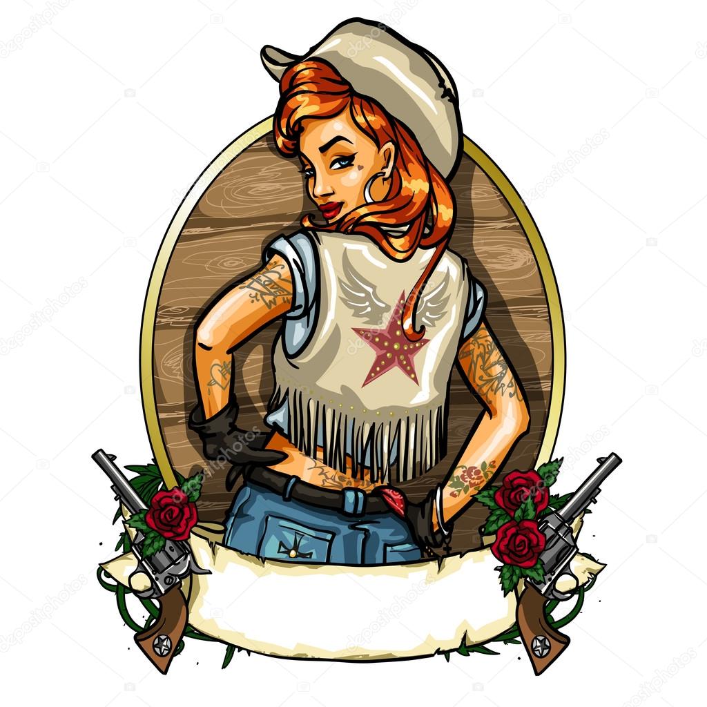 Pin Up Girl label with ribbon banner and guns Stock Vector Image by ...