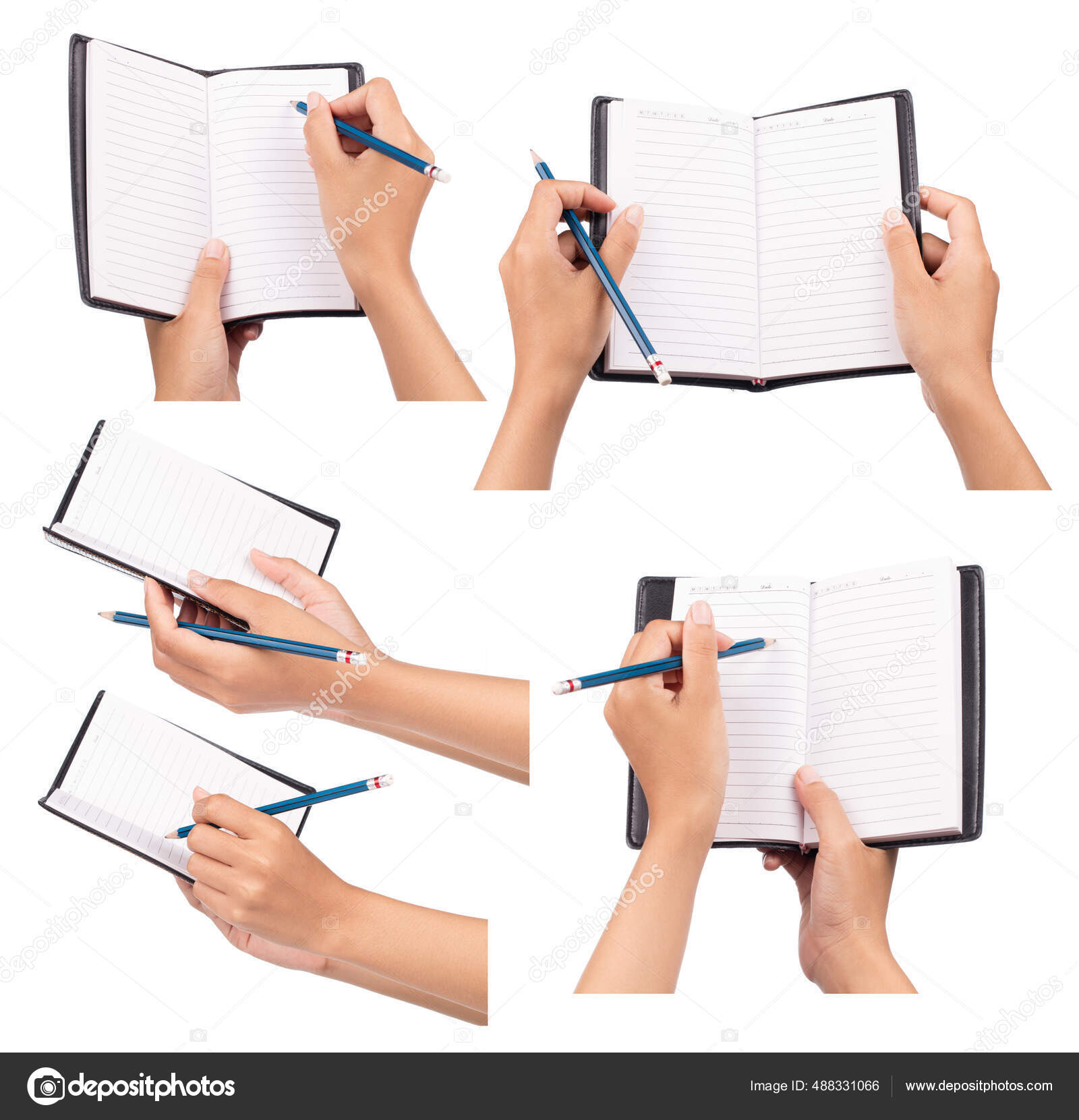 Set Hand Holding Leather Notebooks Pencil Isolated White Background ...