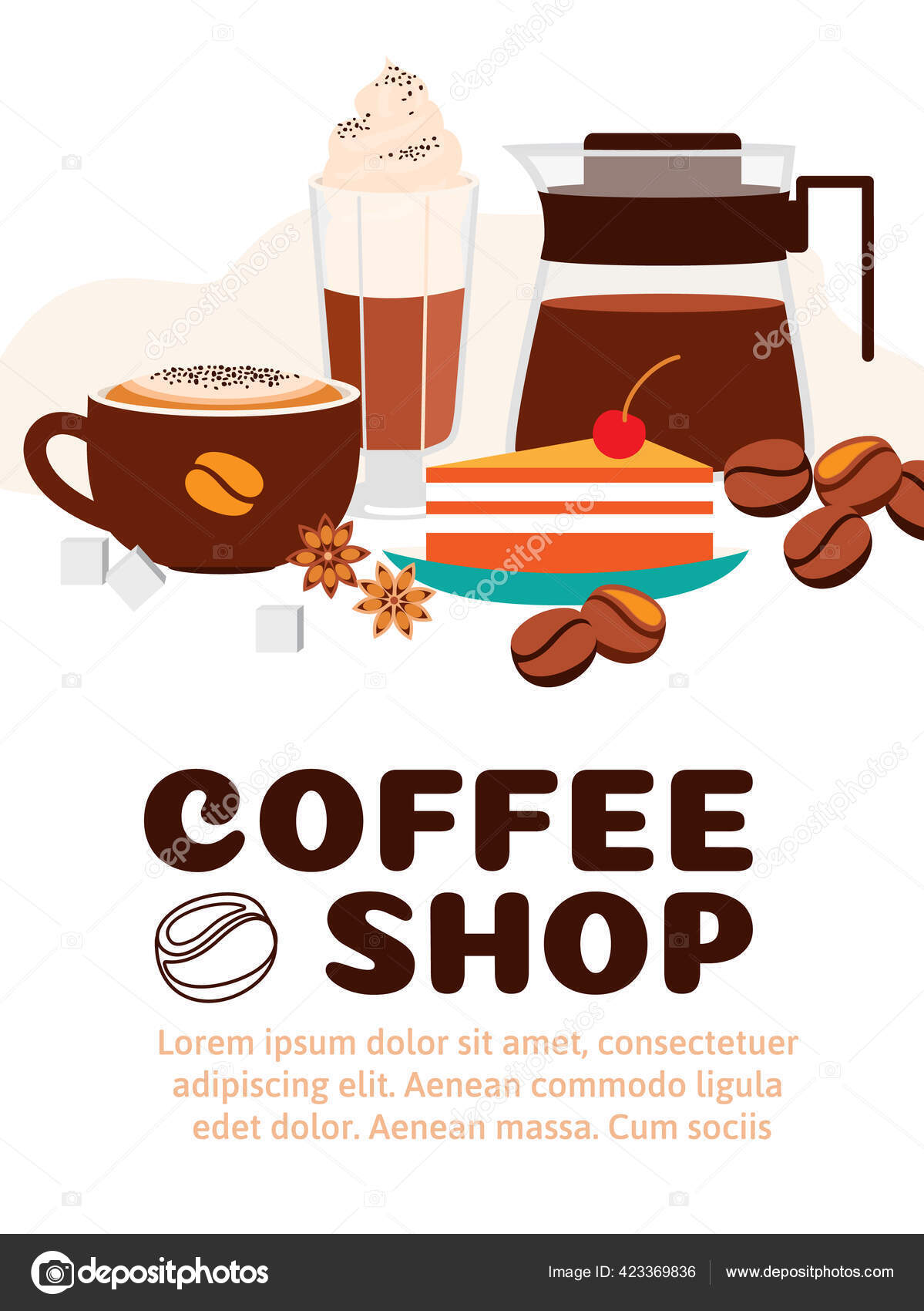 Coffee shop advertisement banner with elements, flat cartoon vector ...