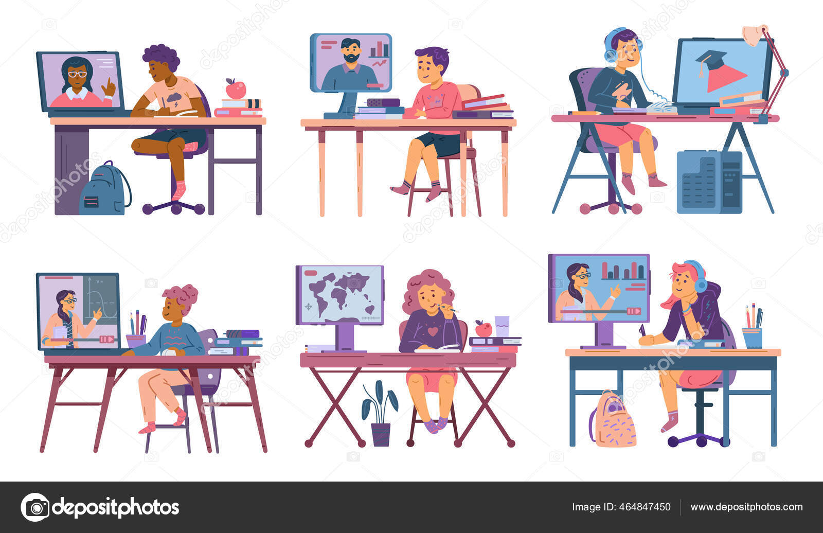 Children characters set studying online, cartoon vector illustration ...