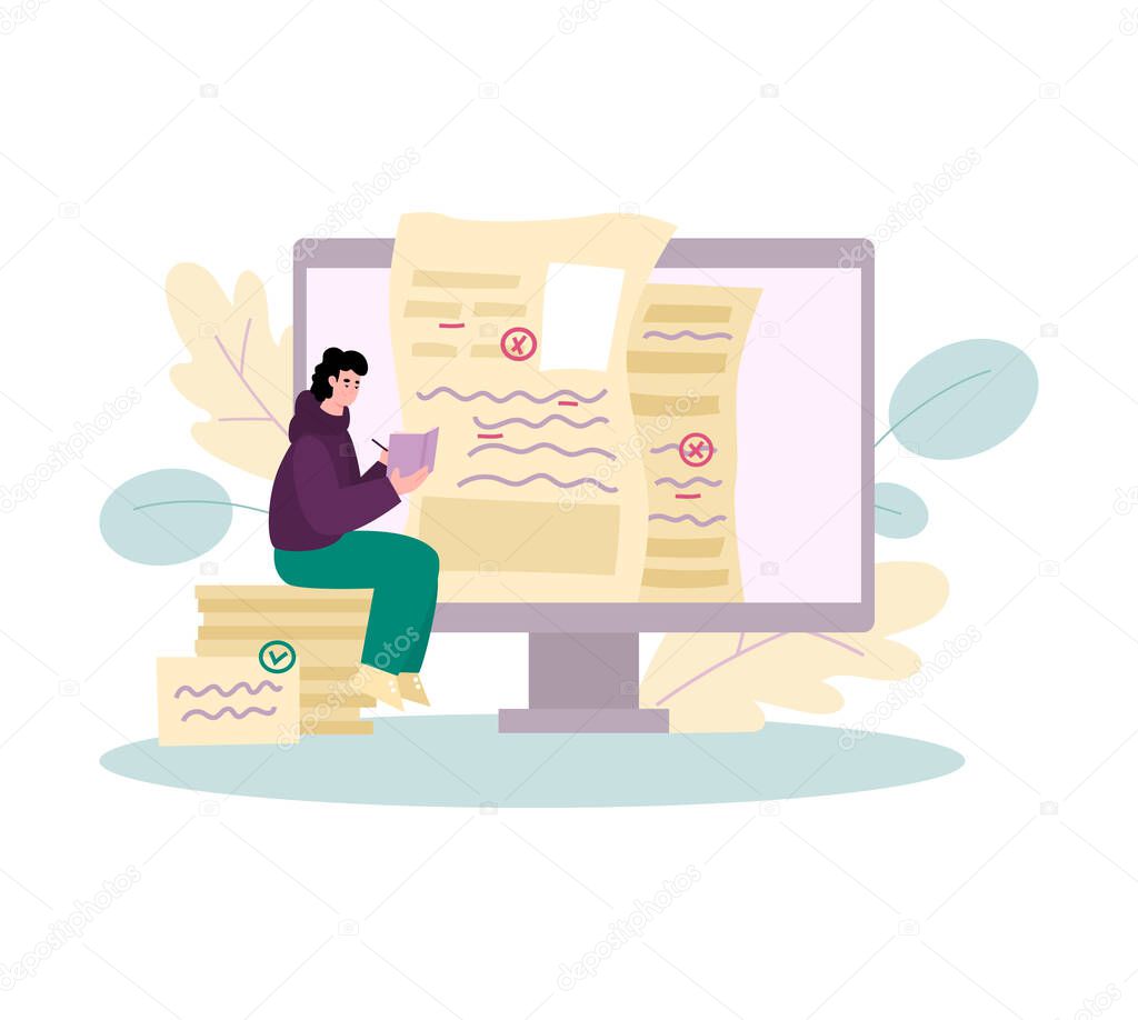 Hombre comprueba texto para errores gramaticales, ilustración vectorial ...