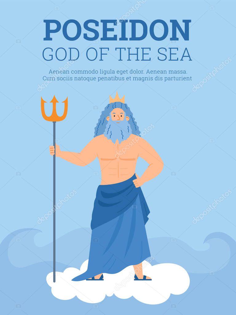 Banner o tarjeta con dios del mar Poseidón sosteniendo tridente ...