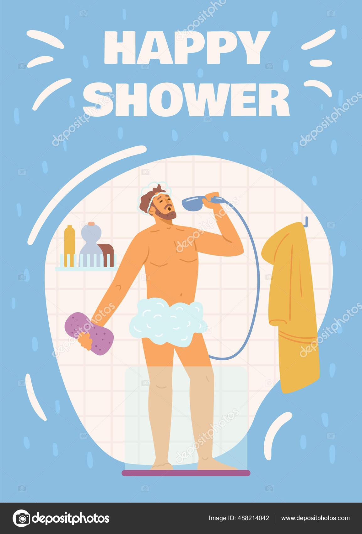 Colorful vector poster with positive man singing in shower at home ...