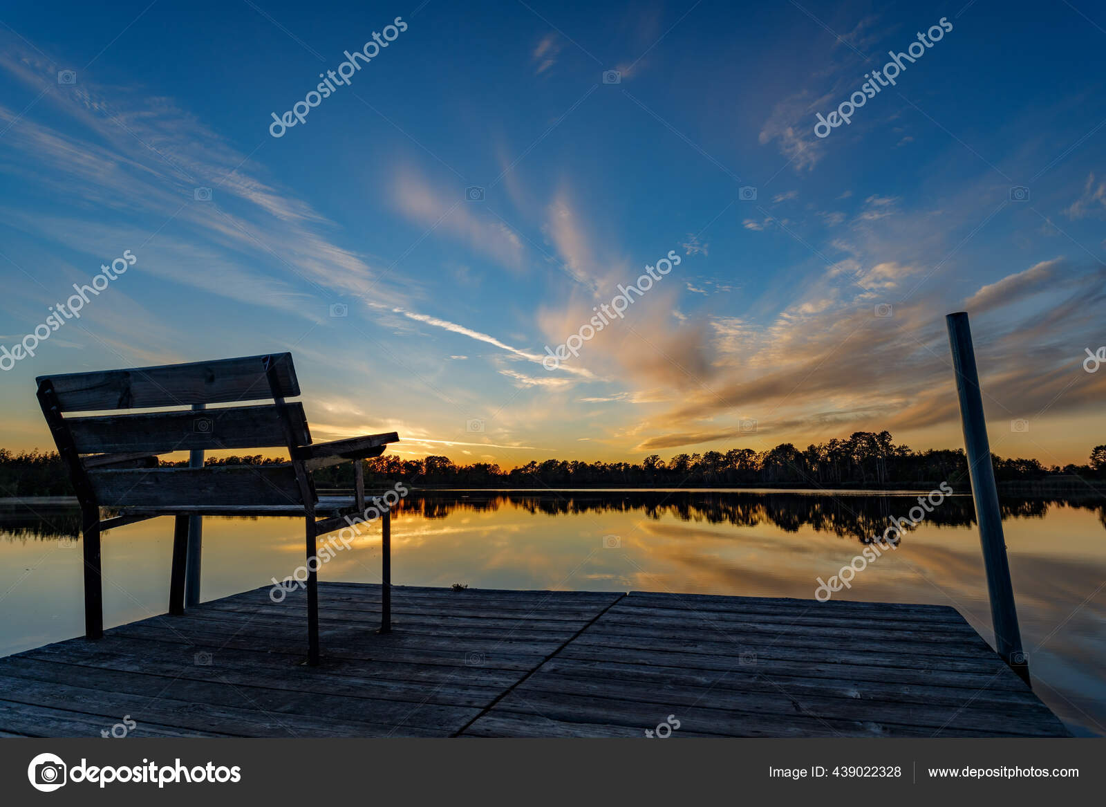 Beautiful Sunset Reflecting Water Public Boat Landing Dock Bench Little ...
