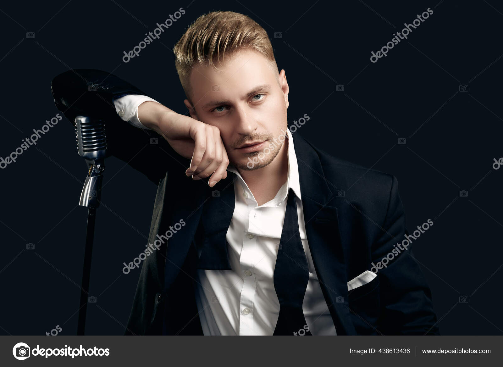Portrait Handsome Blond Man Singer Elegant Tuxedo Bow Tie Posing Stock ...