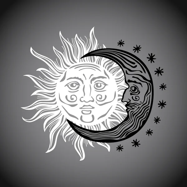 Illustration sun moon star human faces retro vintage vector folklore ...