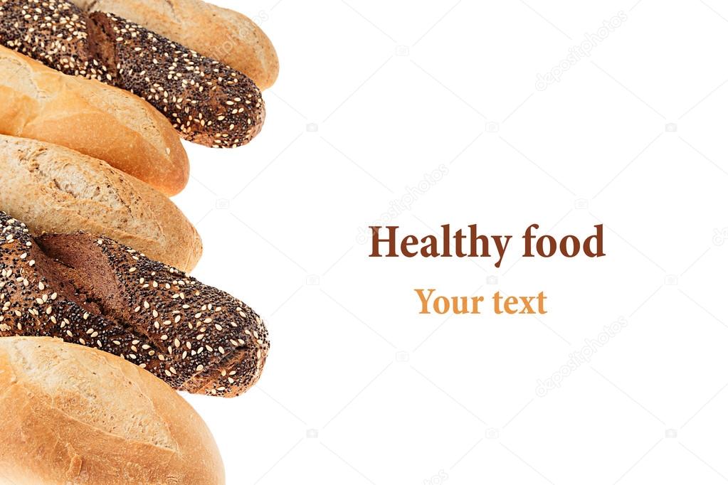 Baguette bread of different varieties on a white background. Rye, wheat ...