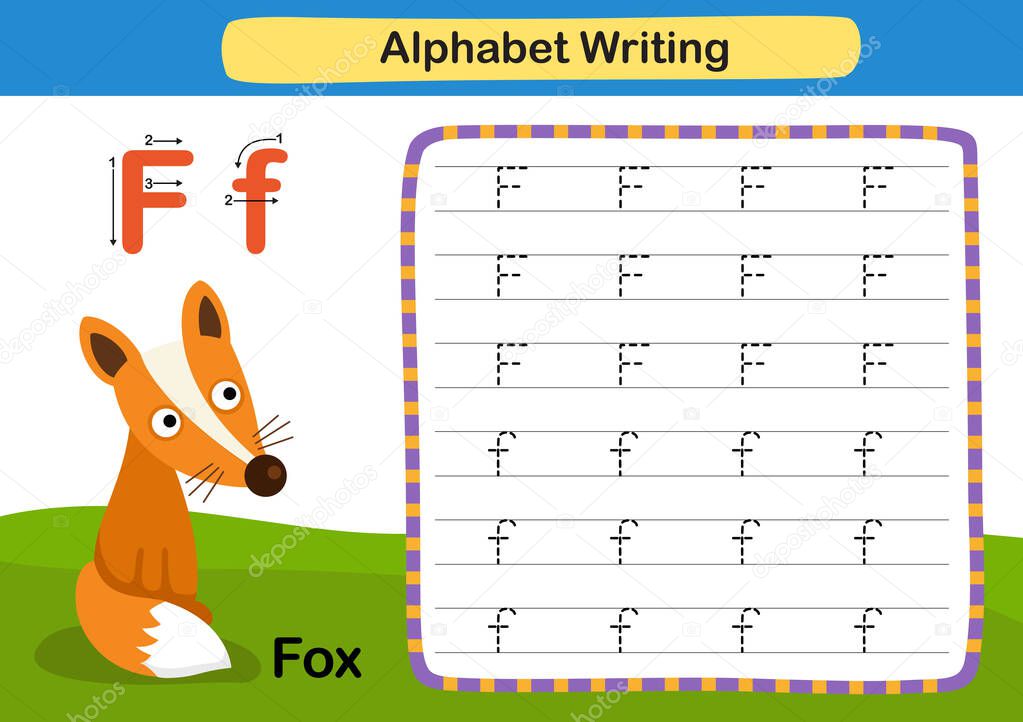 Letra del alfabeto F-fox ejercicio con ilustración de vocabulario de ...