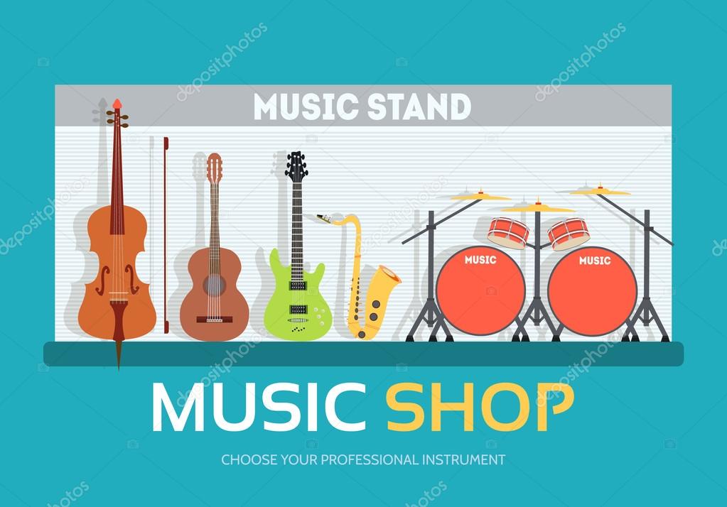 Music shop in flat design background concept. Stand with musical ...