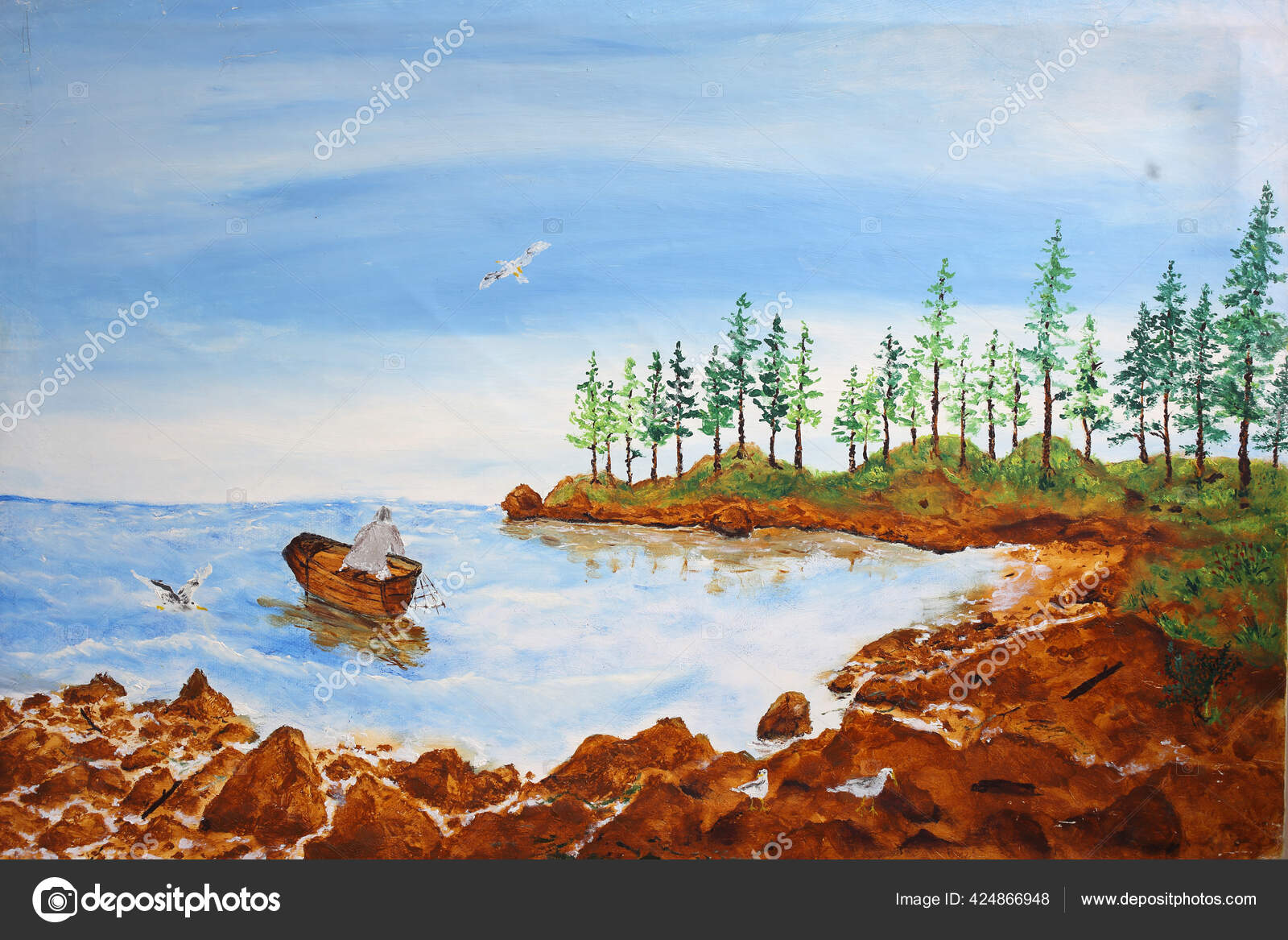 Old Fisher Boat Golden Fish Fairy Tale Stock Illustration by ...