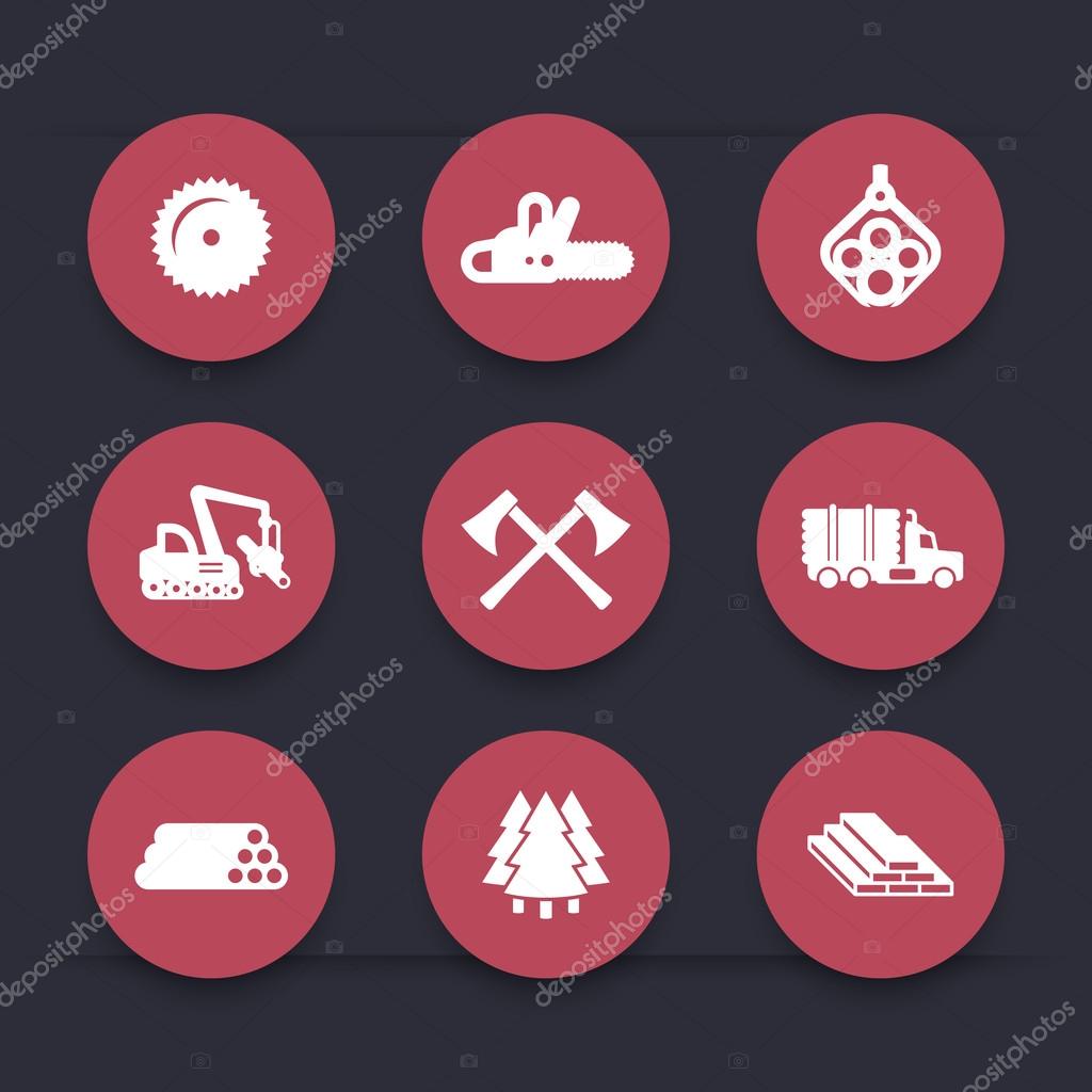 Logging, forestry equipment icons, sawmill, logging truck, tree ...