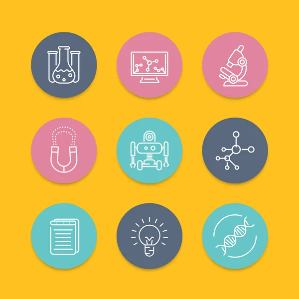 Science line icons in circles, research, laboratory, chemistry, physics ...
