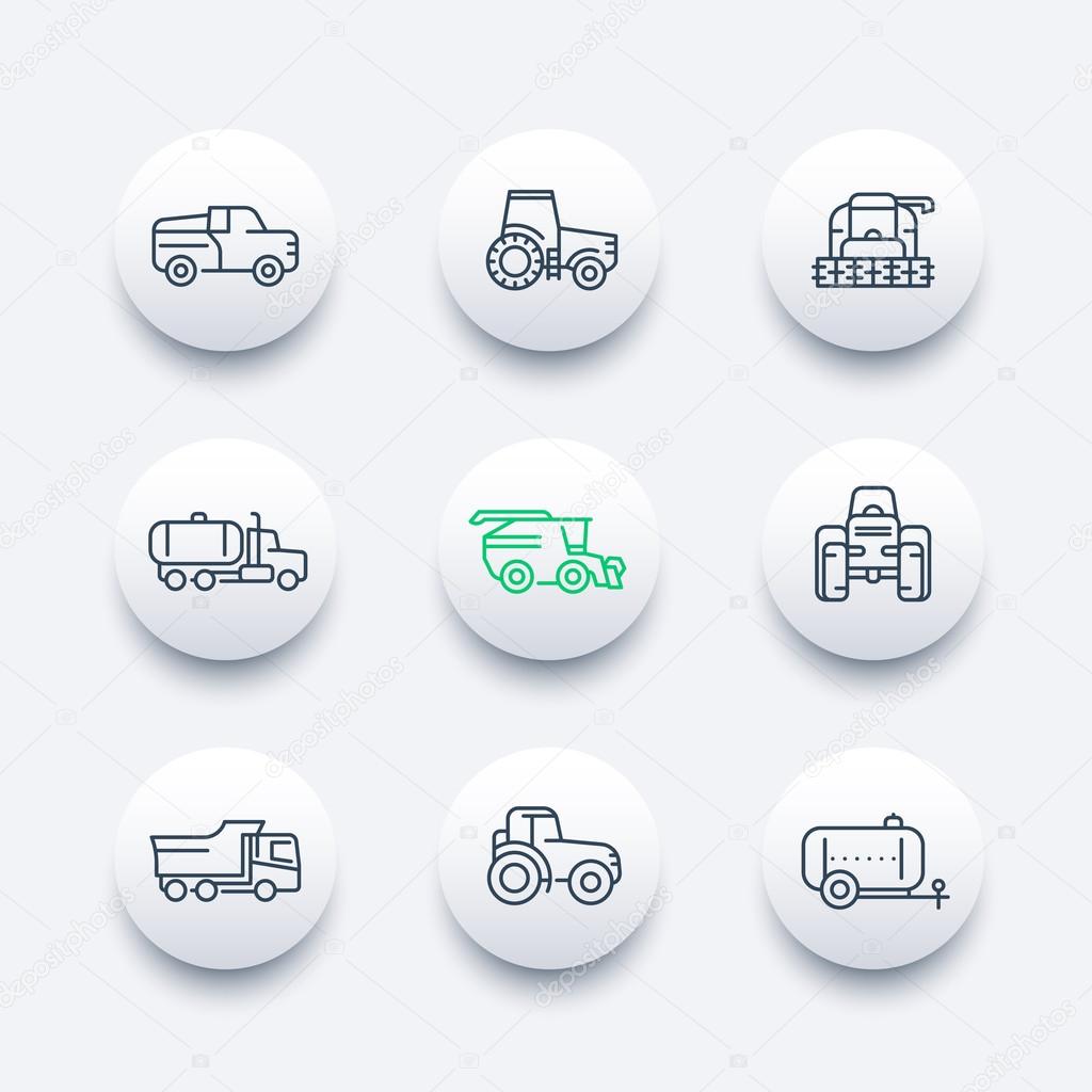 Agricultural machinery line icons, tractor, combine harvester ...