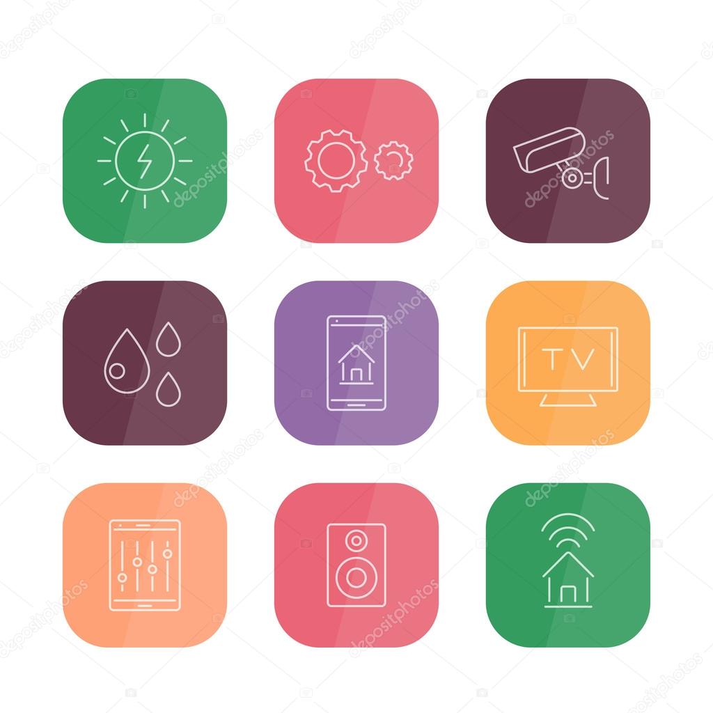 Smart House color rounded square line icons set, vector illustration ...