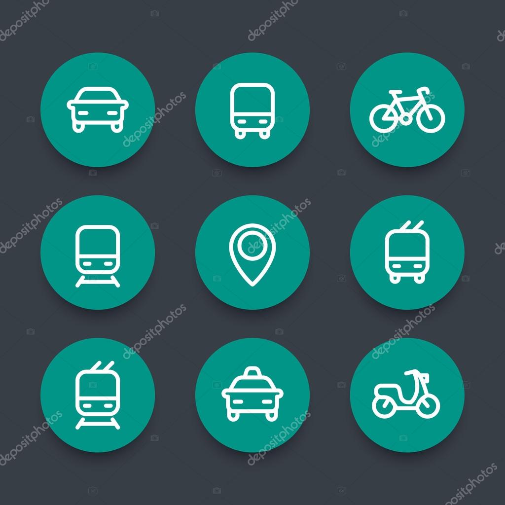 City and public transport round green icons, public transportation ...