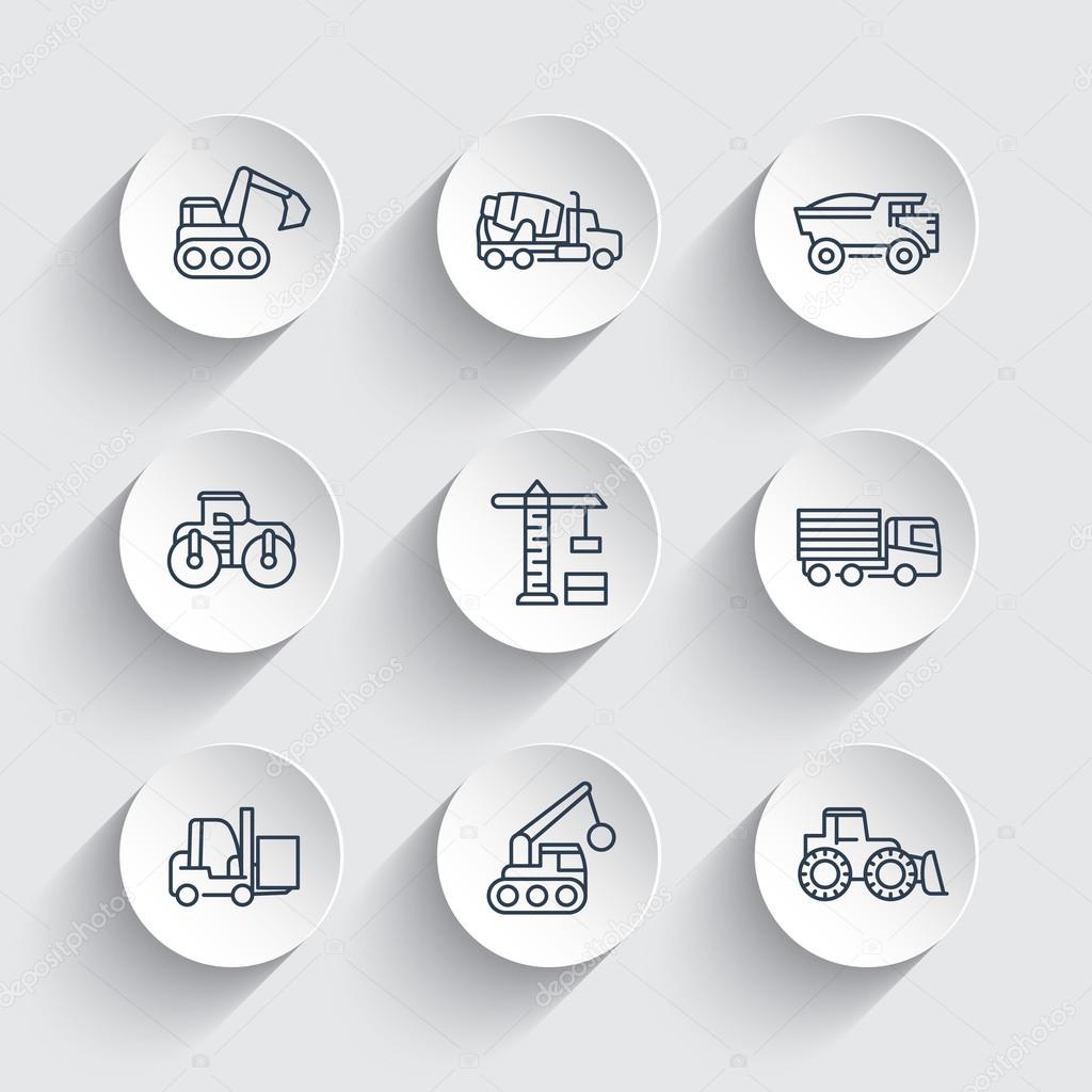 Construction vehicles line icons, engineering, construction equipment ...