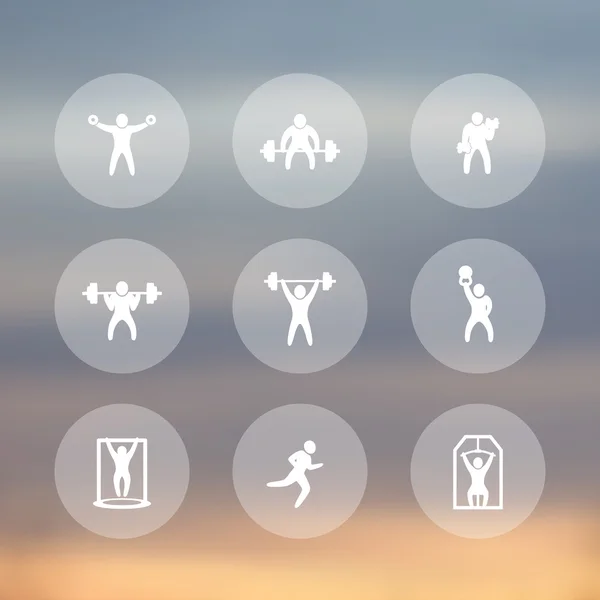 Gym, fitness exercises round icons, gym training icon, fitness exercises pictograms, vector ...