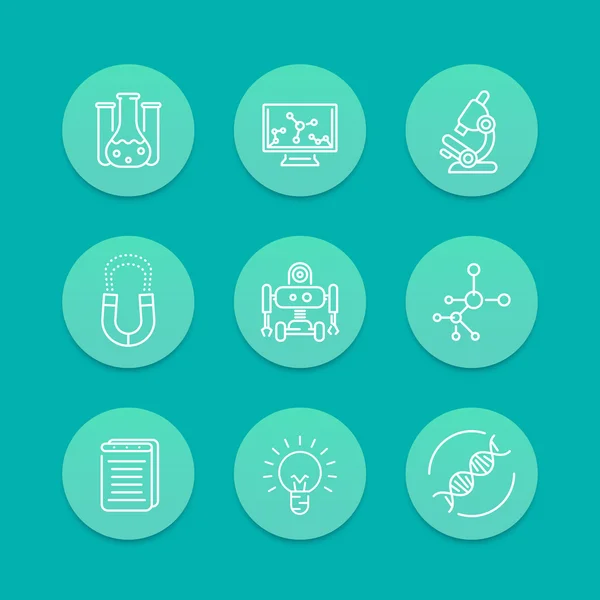 Science line icons in circles, research, laboratory, chemistry, physics ...
