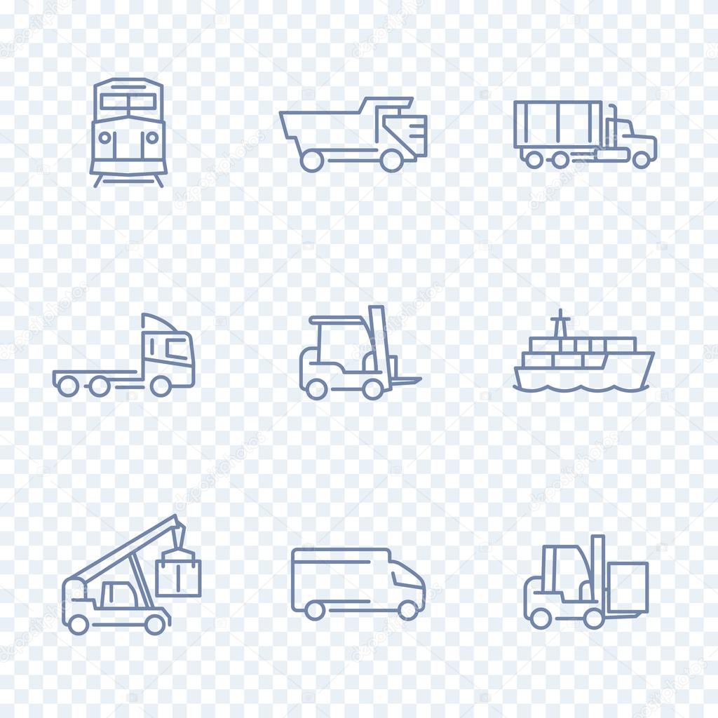 Iconos de transporte, carretilla elevadora, buque de carga, tren ...