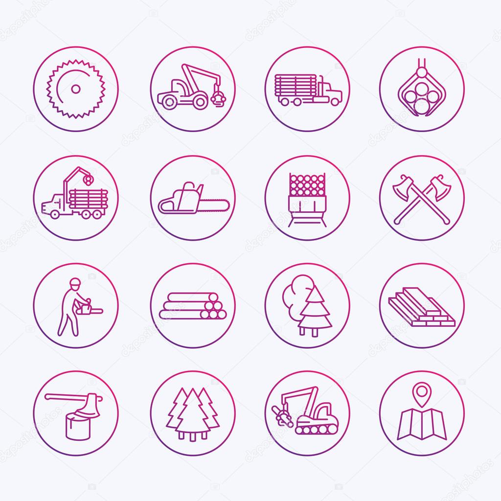 Logging icons, sawmill, forestry equipment, logging truck, tree ...