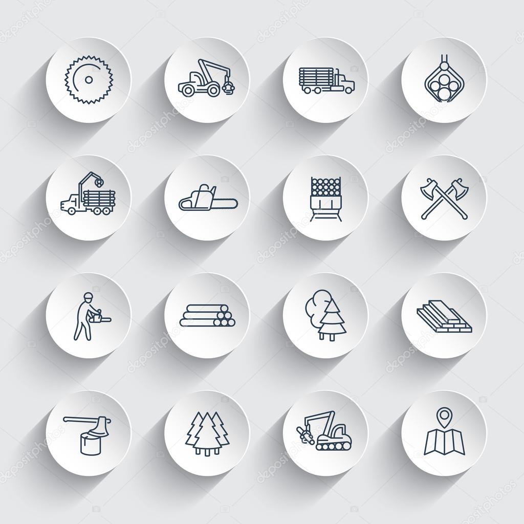 Logging line icons, sawmill, forestry equipment, logging truck, tree ...