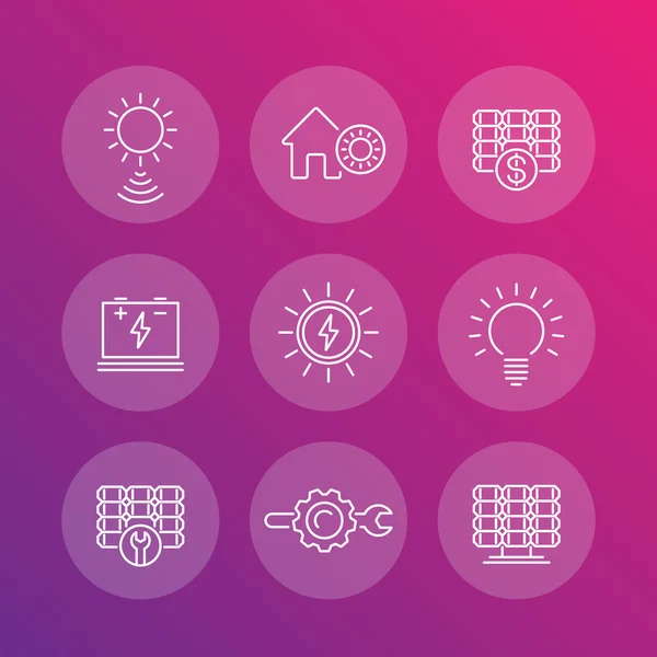 Solar energy, solar power, panels, line icons on round 3d shapes Stock ...