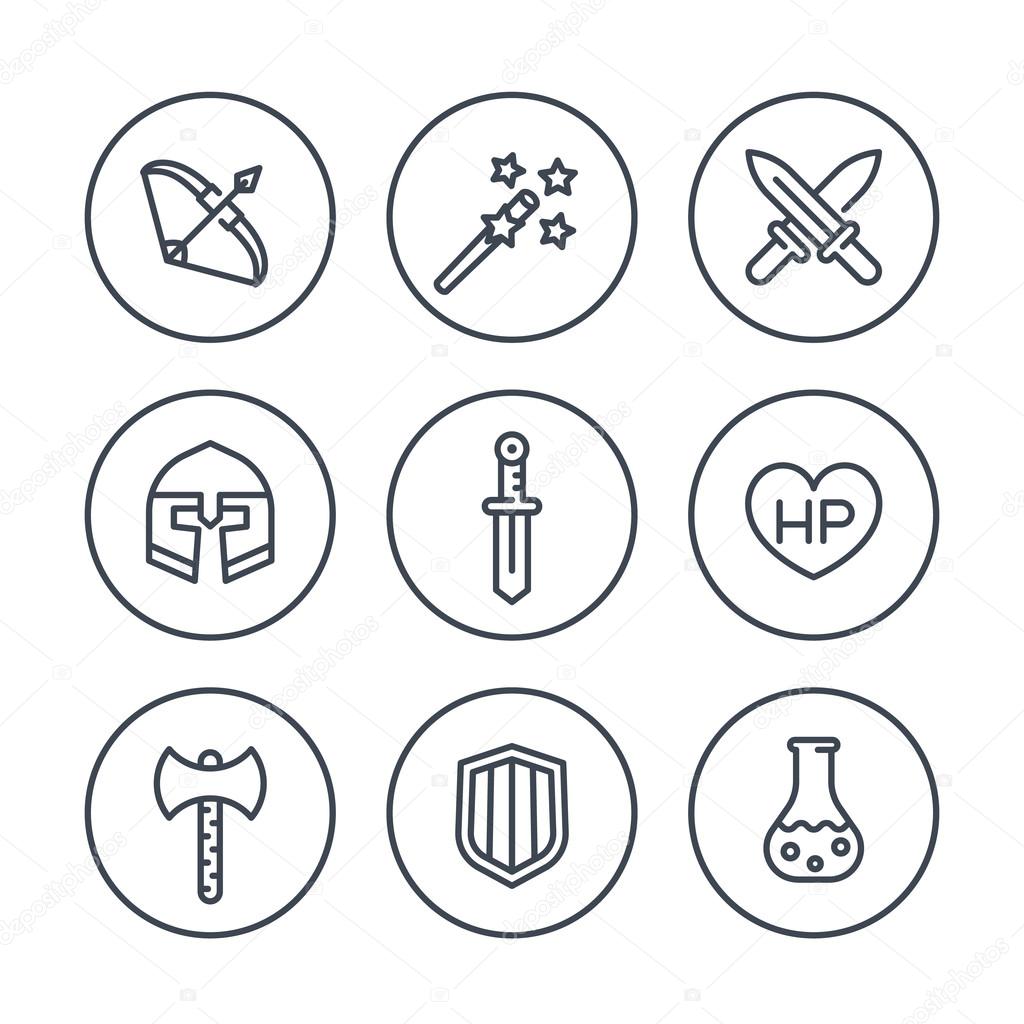 Game line icons in circles, RPG, sword, magic, bow, fantasy, armor ...