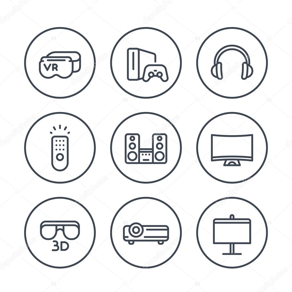 Home entertainment system line icons in circles, multimedia devices, 3d ...