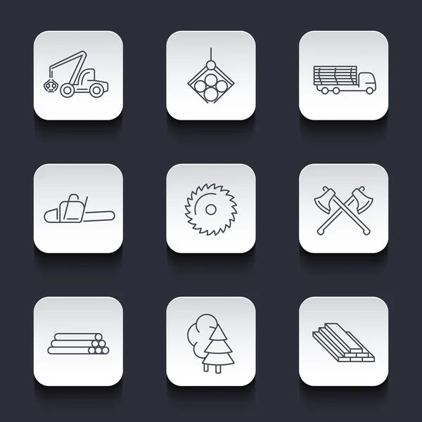 Logging, timber, forestry, tree harvester, logging truck line icons ...