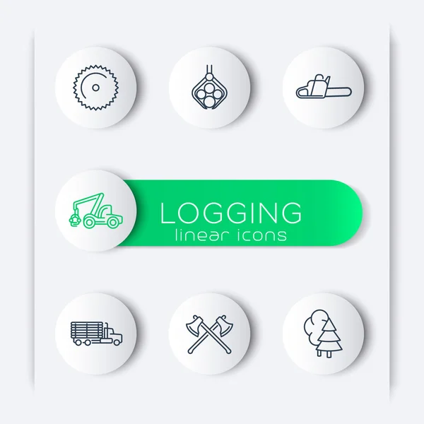 Logging, timber, forestry, tree harvester, logging truck line icons ...