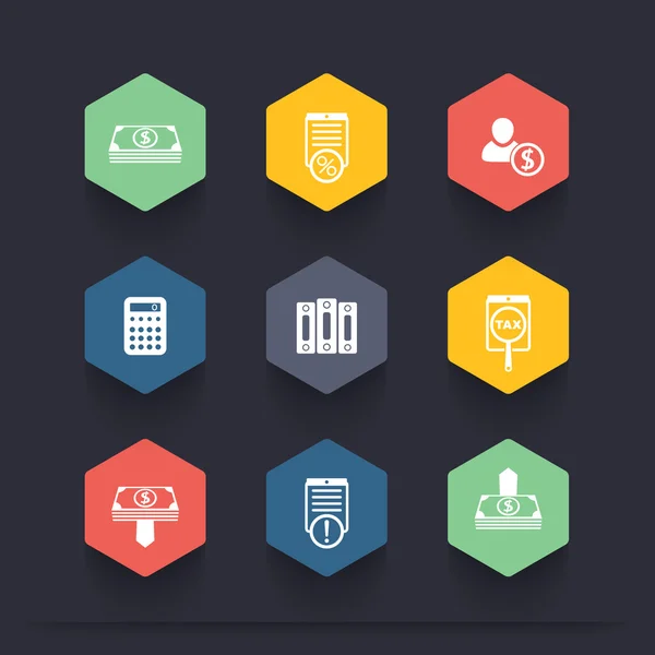 Bookkeeping, finance thin line icons, color octagon set, vector ...